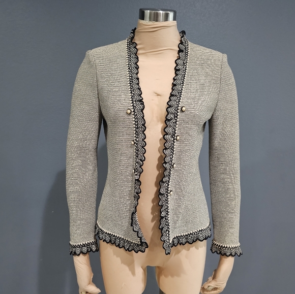 St. John | Sweaters | St John Black Cream Striped Knit Open Cardigan 2 ...